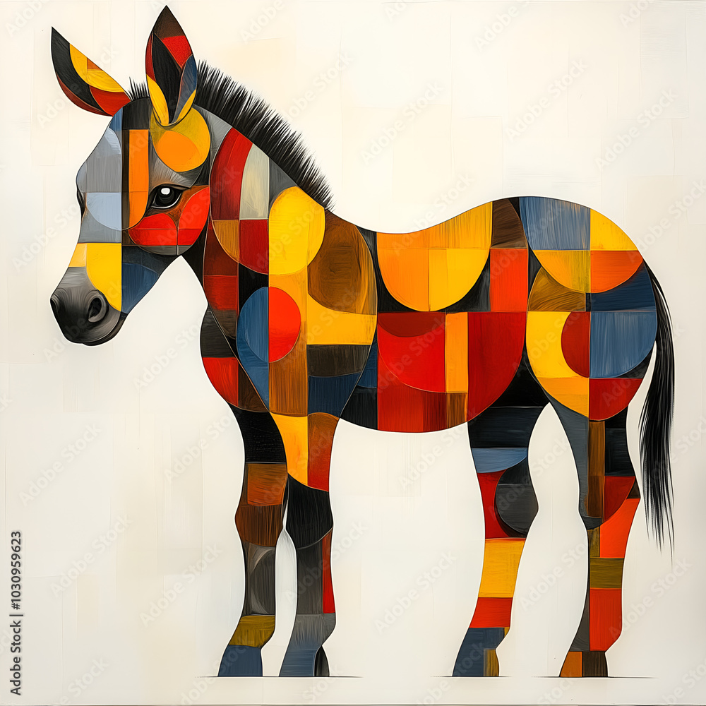 Modern, abstract depiction of a donkey using geometric shapes and bold ...
