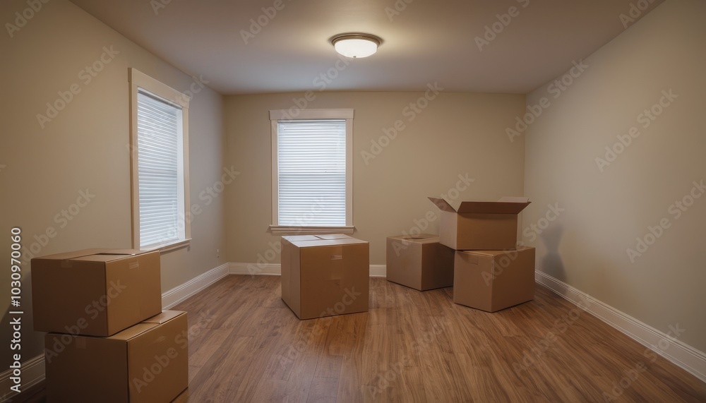 Moving boxes scattered in an empty room, representing the downsizing ...