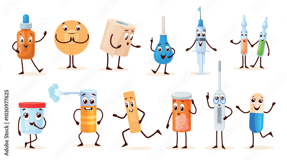 Medications mascots. Medical supplements cartoon characters ...