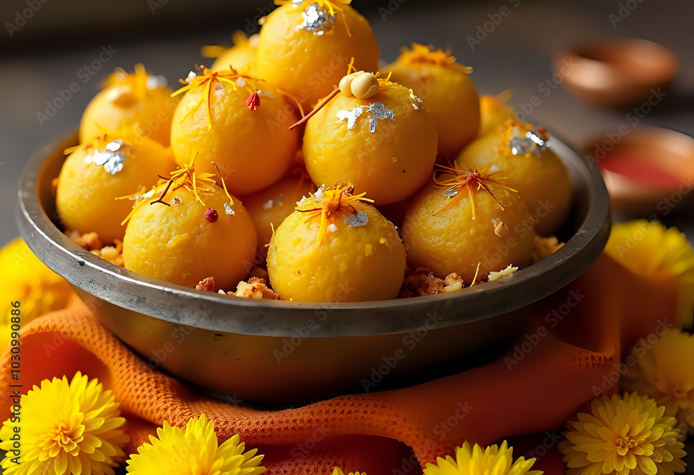 raditional Indian Sweet Laddu, Garnished with Silver & Saffron. Vibrant ...