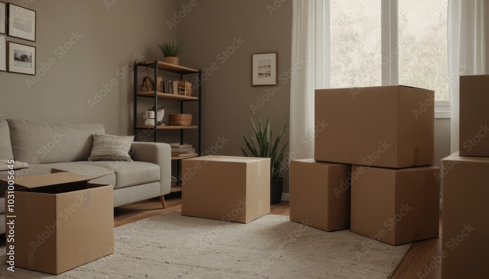 Moving boxes scattered in an empty room, representing the downsizing ...