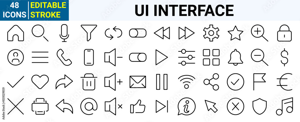 Interface ui, ux web icons in line style. User, profile, message, mobile app, document file ...