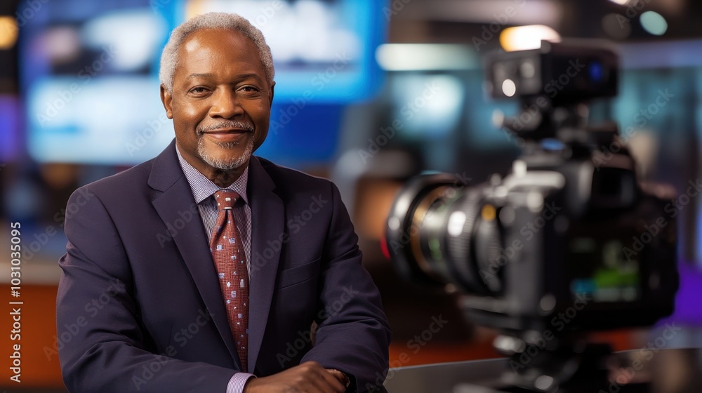 An African American old news anchor in a suit, seated at a desk with ...