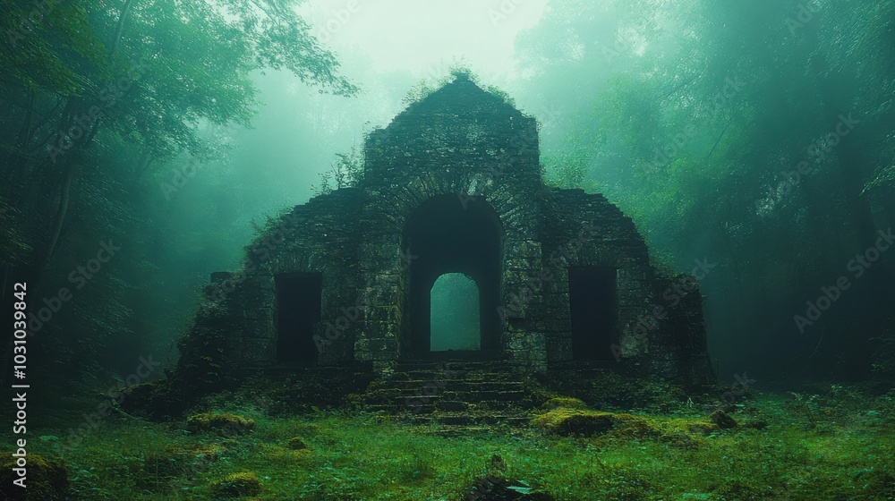 Mist shrouds a timeless stone relic in a verdant forest, conjuring an ...