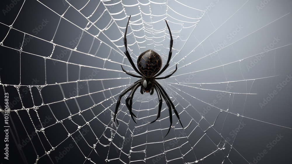 Realistic black spider sitting in the center of a detailed spider web ...