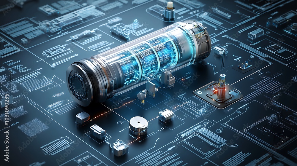 Fotografía A flat lay of a hydrogen fuel cell with diagrams and ...