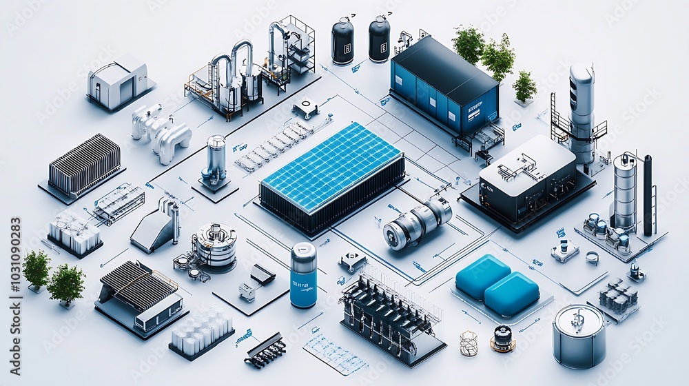 Poster, Foto A flat lay of a hydrogen fuel cell with diagrams and ...