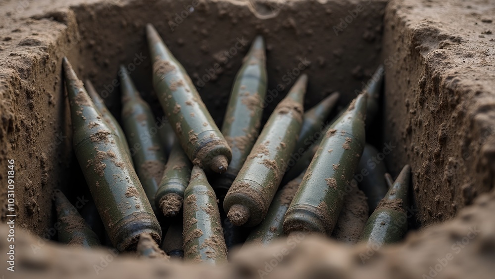 Cluster of mortar shells in trench tips up mud caked casings foto de ...