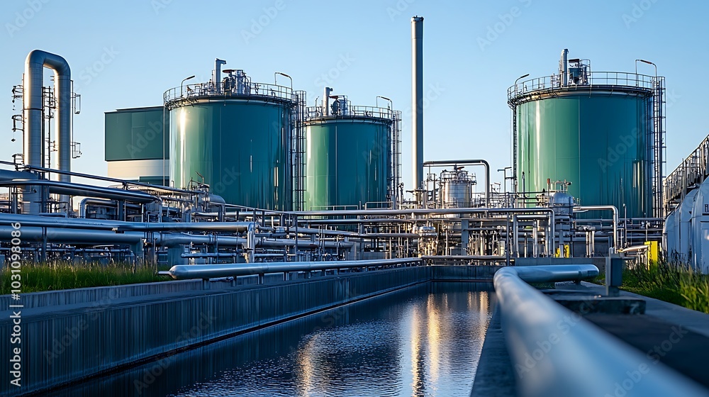 A close-up of hydrogen storage tanks at an industrial site, with ...