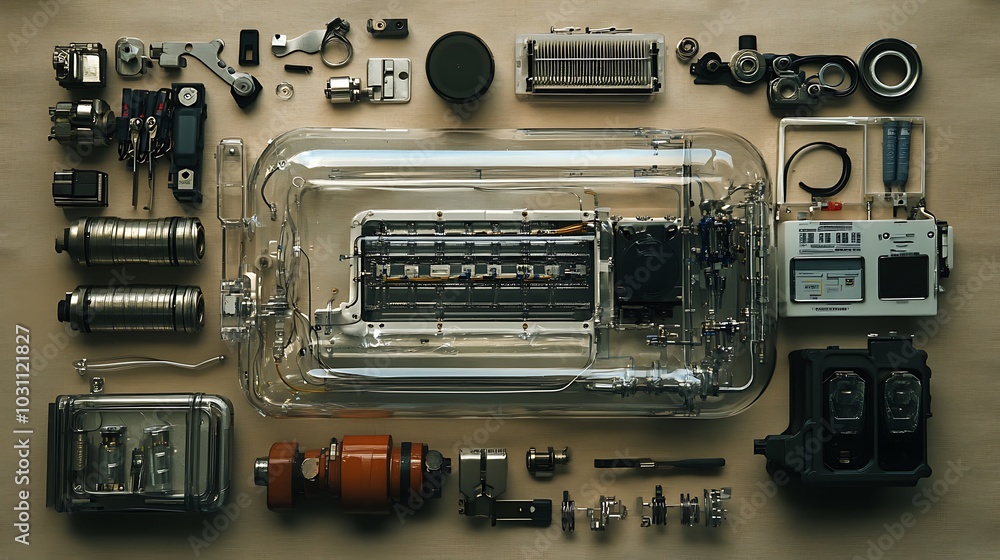 A flat lay of a disassembled hydrogen fuel cell, with detailed parts ...