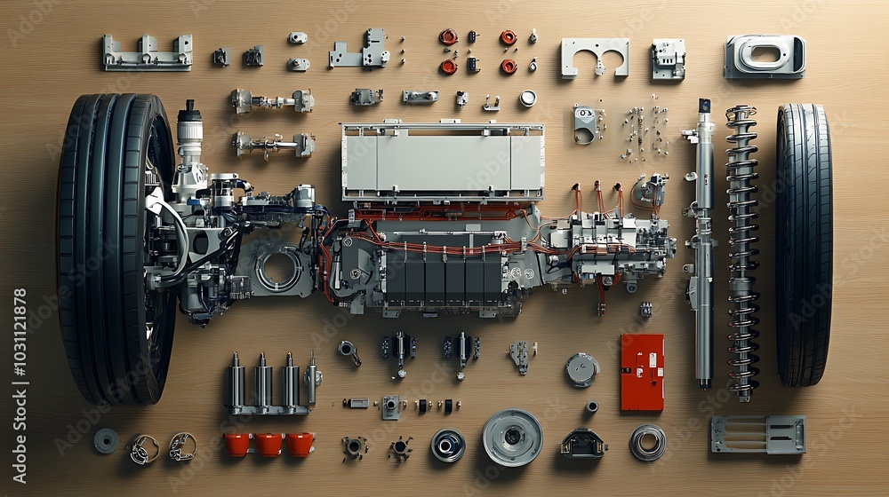 A flat lay of a disassembled hydrogen fuel cell, with detailed parts ...