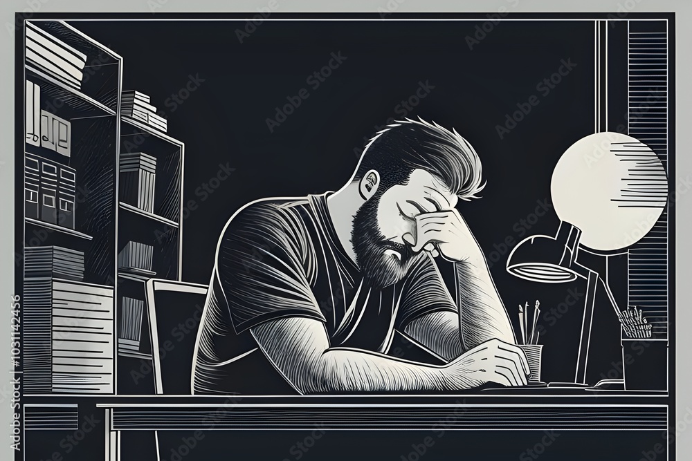 scratch board illustration of a man sleeping at his desk at work, tired ...
