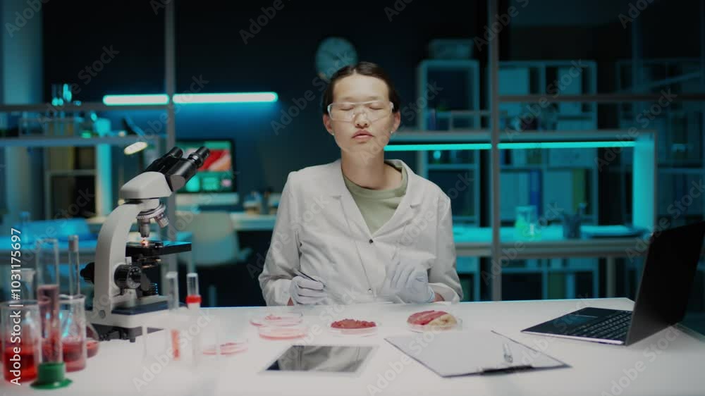 Portrait of Asian female food scientist examining cultured meat in petri dishes and posing for ...