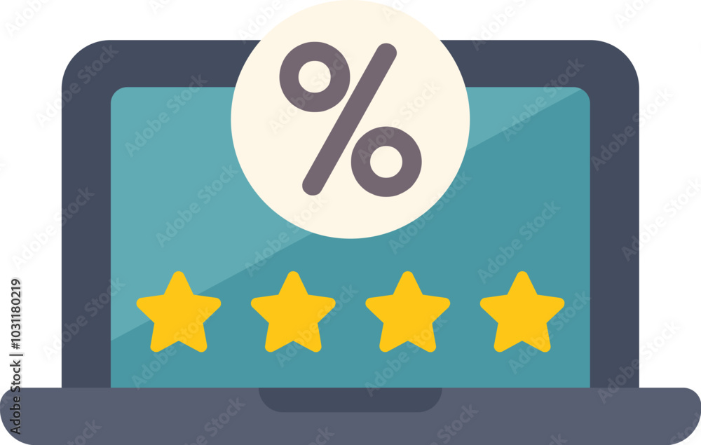 Laptop displaying a five star rating and a discount percentage symbol ...