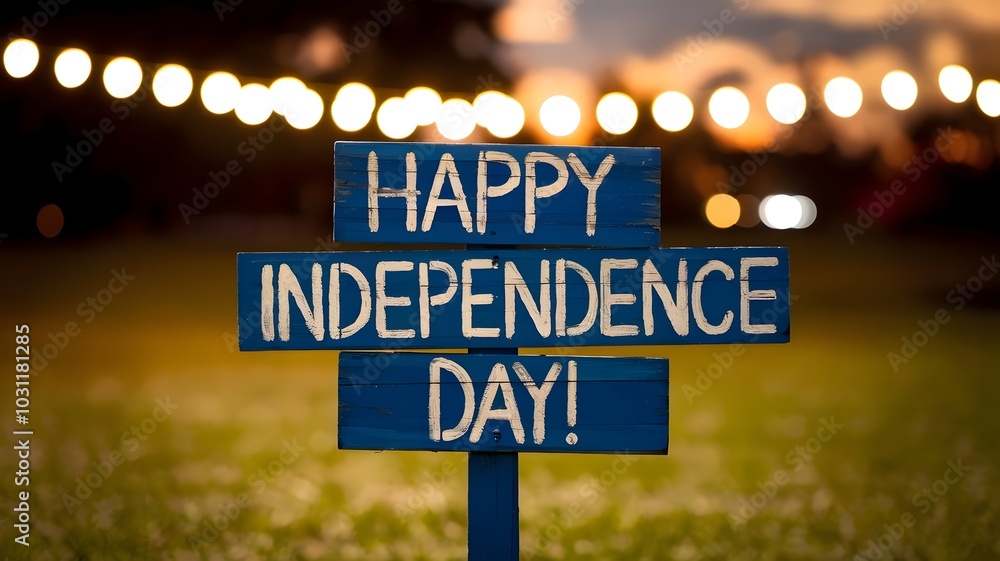 Wooden sign with "Happy Independence Day!" in white on grassy field ...