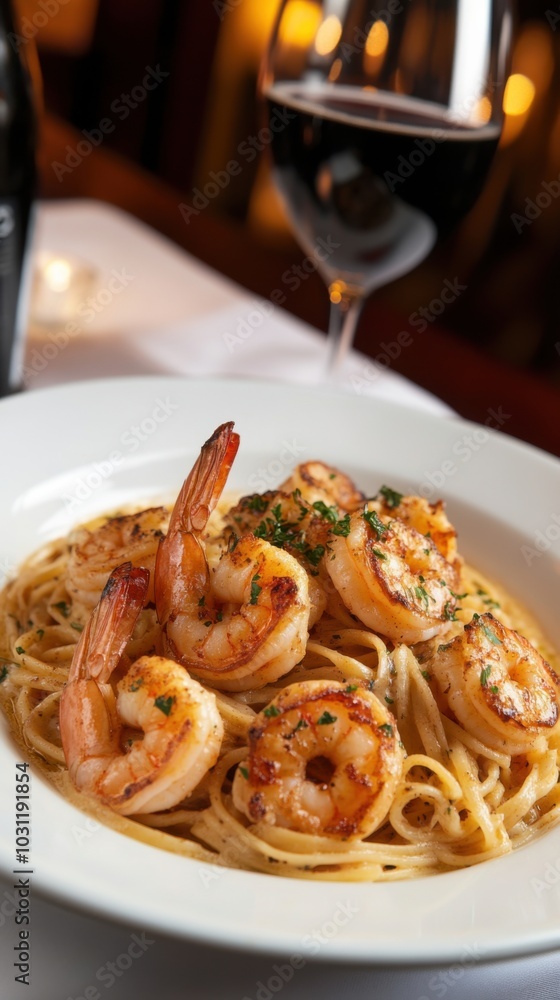 Delicious garlic butter shrimp scampi in fine dining setting for ...
