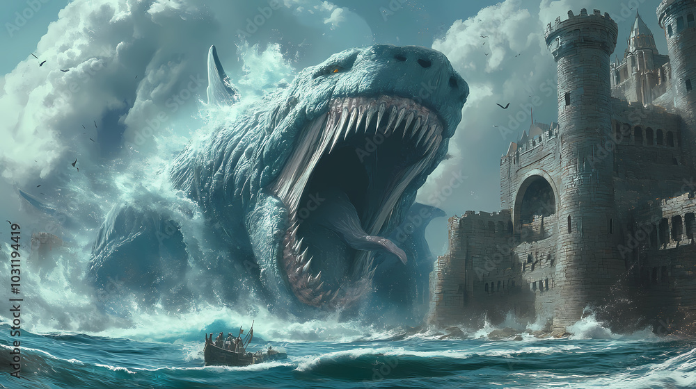 The leviathan's wrath: a colossal sea monster, jaws agape in a fearsome roar, rises from the ...