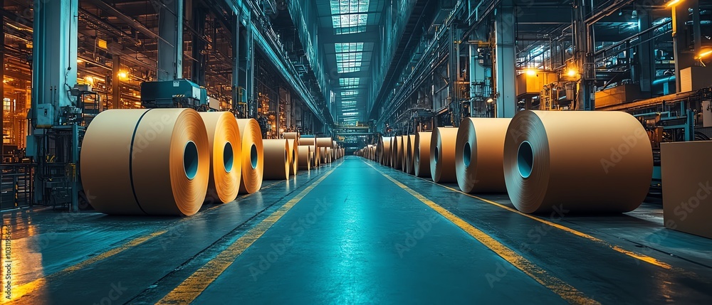Hightech machinery in an industrial factory producing paperboard ...