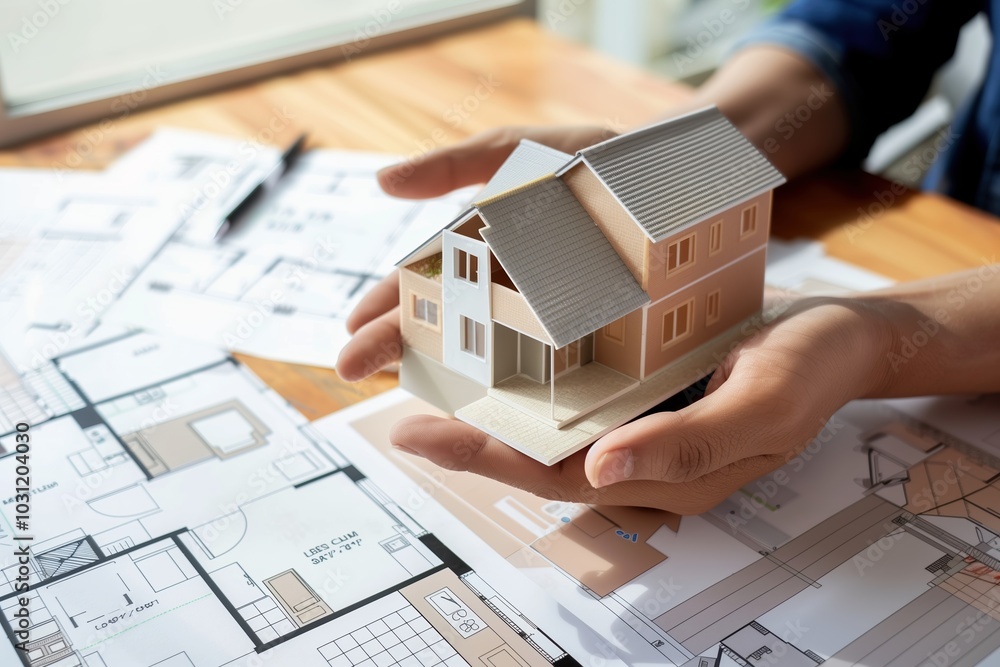 person holds detailed model house above architectural blueprints ...