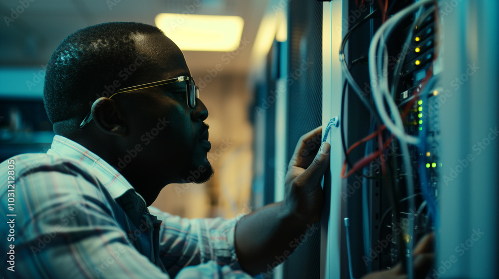 Technician in modern office maintaining network server, surrounded by ...
