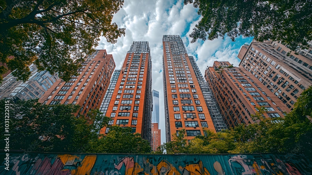 Urban skyscrapers with bold graffiti covering their lower levels ...