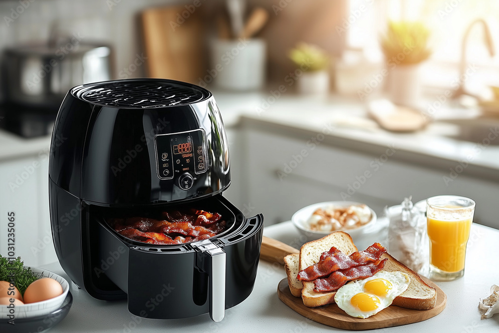 A kitchen countertop scene where an air fryer is being used to prepare ...