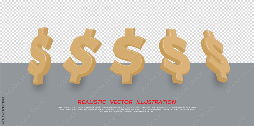 Set of gold US dollar currency with different angles isolated on ...