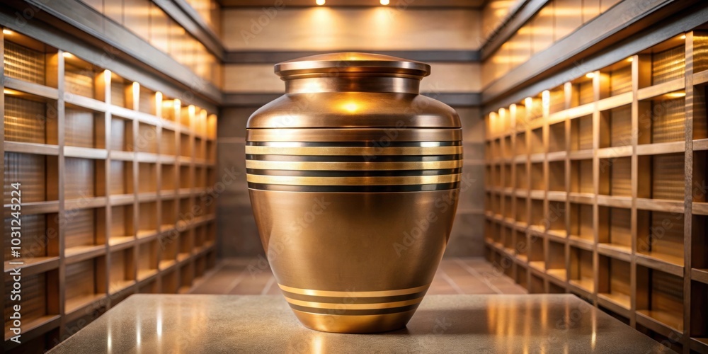 Bronze cremation urn with gold stripes in a columbarium niche with soft ...