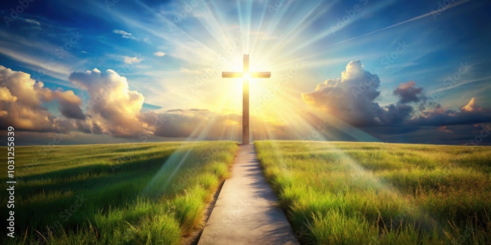 Path leading to a bright shining cross symbolizing guidance and faith ...