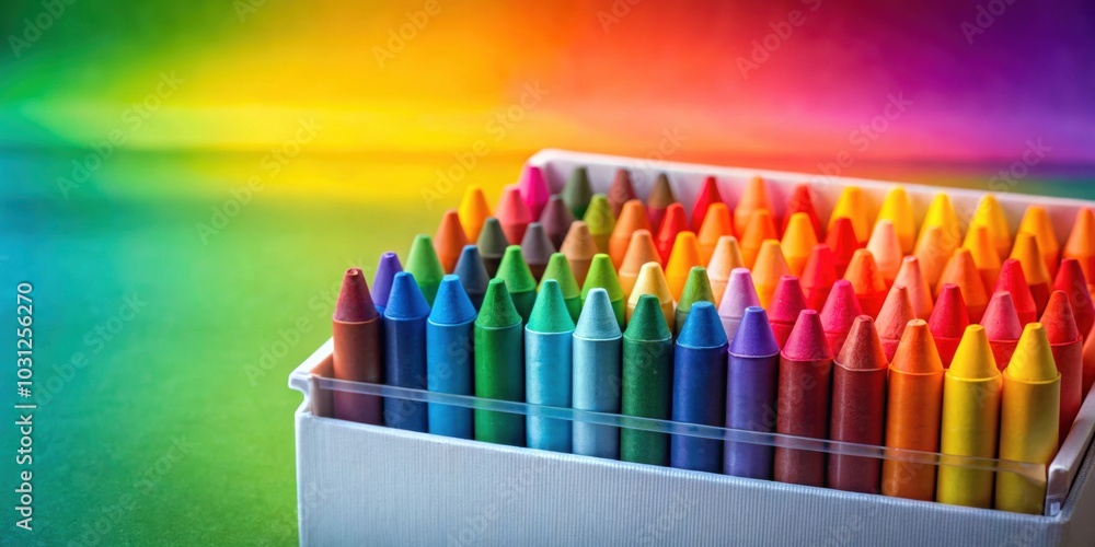 Colorful box of crayons in rainbow of colors on a vibrant background ...
