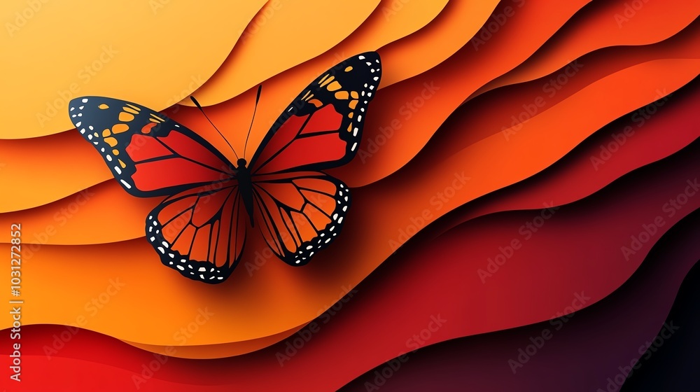 ภาพประกอบสต็อก Silhouetted butterfly in abstract paper cut style, with ...