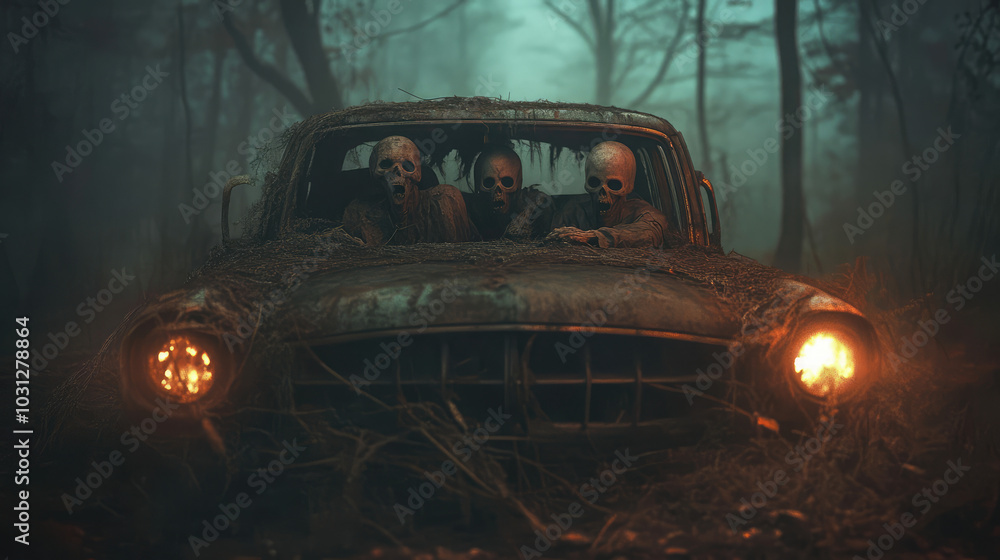 A haunting scene of three ghost with hollow eyes, seated in a decaying ...