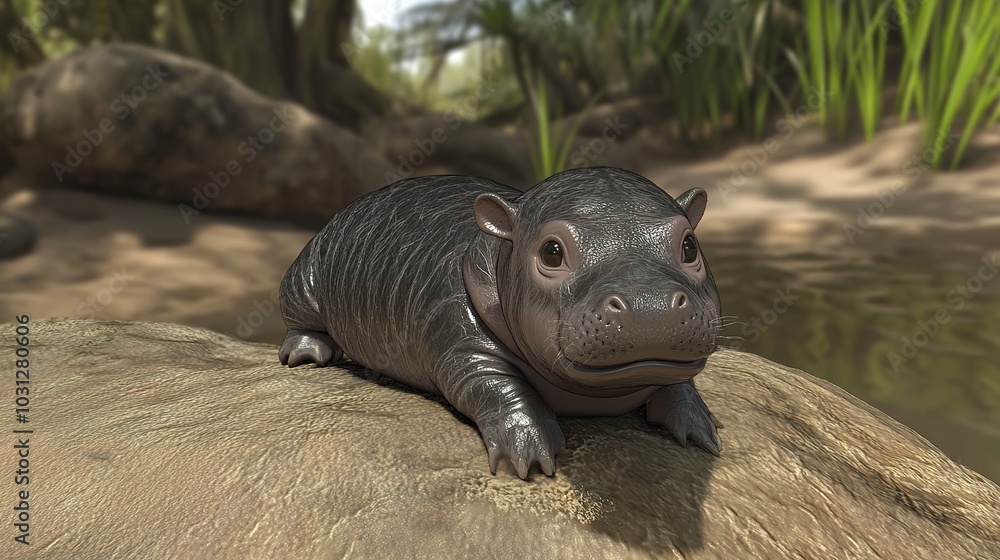 A charming 3D rendering of a baby Pygmy Hippo, showcasing its adorable ...