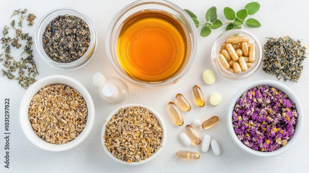 Collection of herbal teas, dried flowers, and supplements in a calming ...