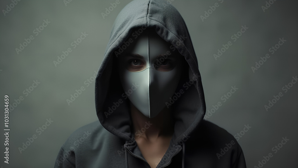 A person in a hooded garment wearing a half mask symbolizing the ...