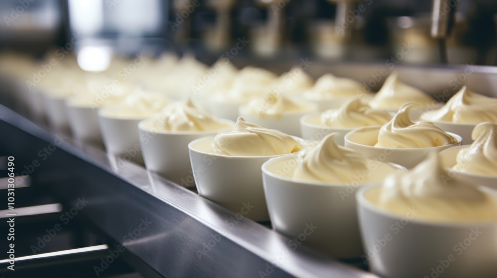 Rows of creamy ice cream being produced in a dairy factory ...