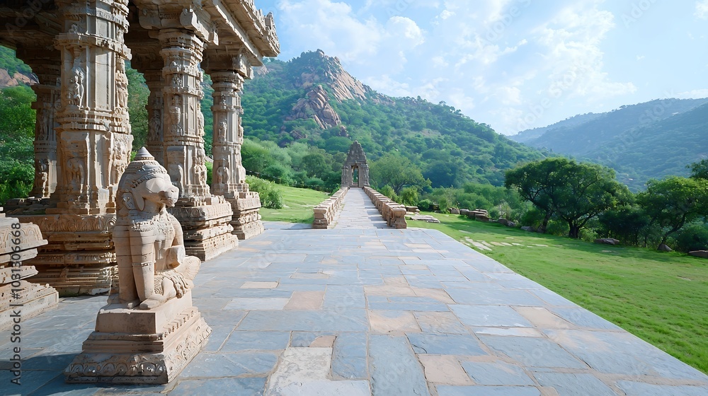 An expansive shot of a legendary temple ruins, showcasing majestic ...