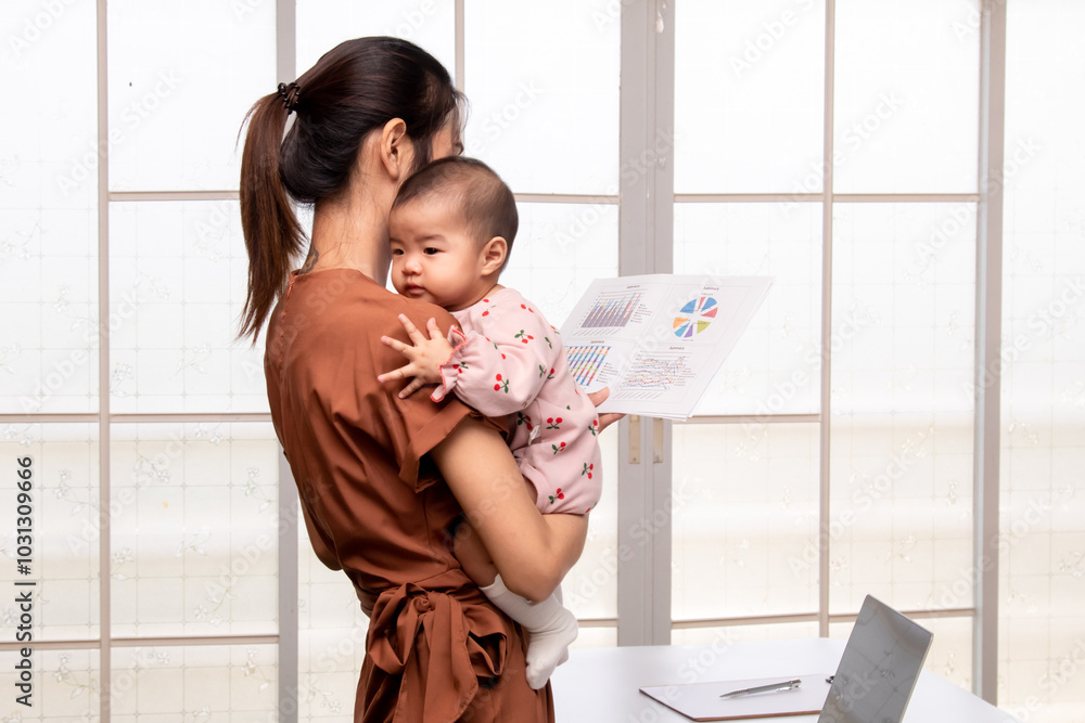Asian single mother holding newborn baby while reading company ...
