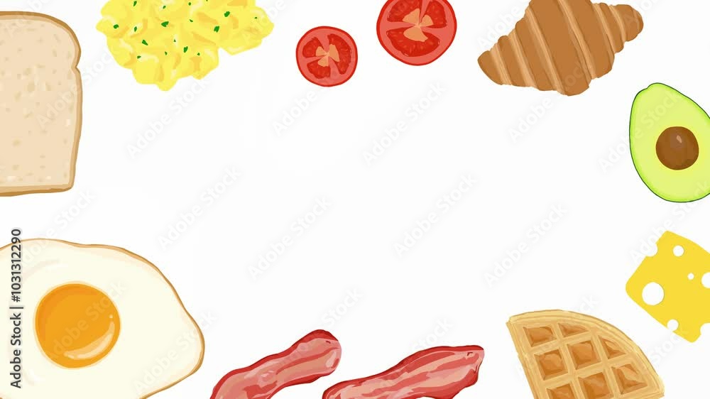 Frame of breakfast foods. Bread, toast, waffle, fried egg, bacon ...