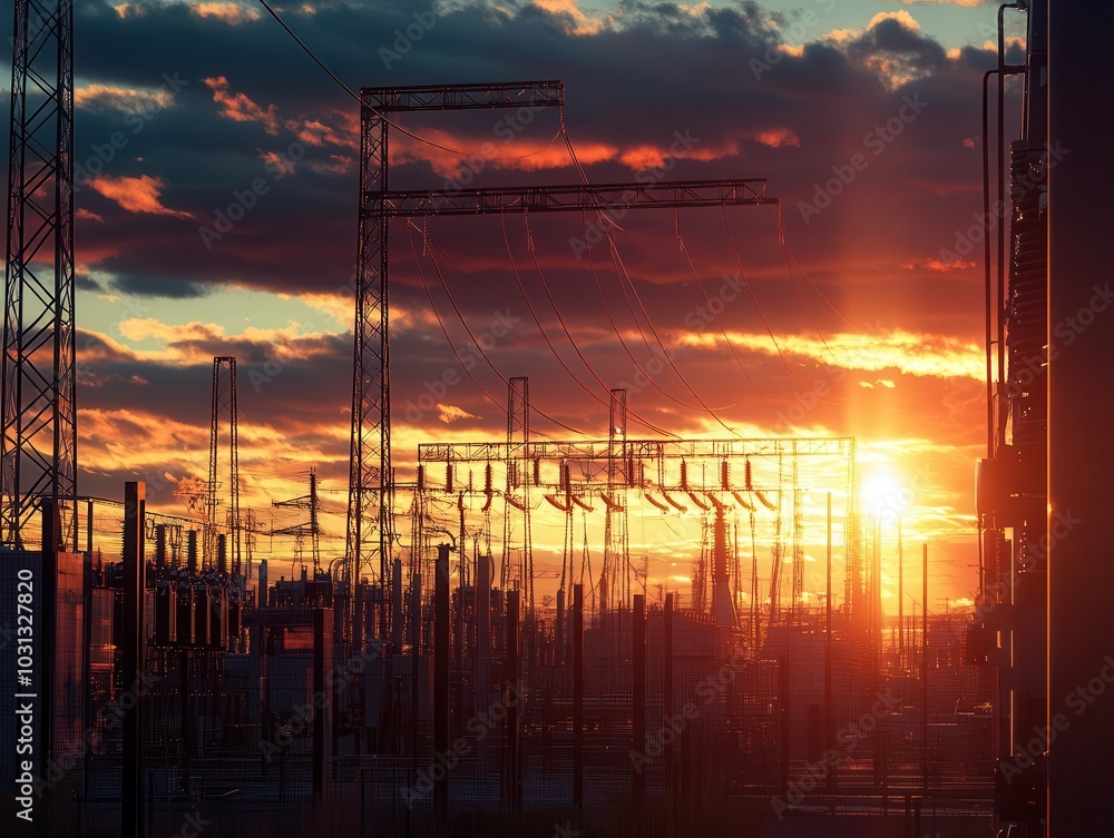 vibrant sunset casts a golden glow over an expansive electrical ...