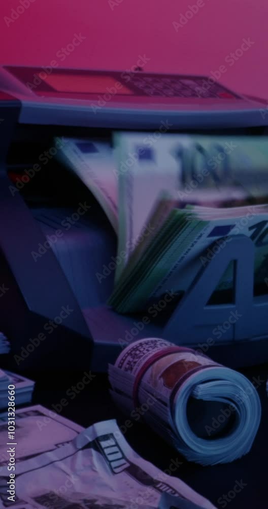 A man's hand with a ring inserts a stack of hundred-dollar bills into ...