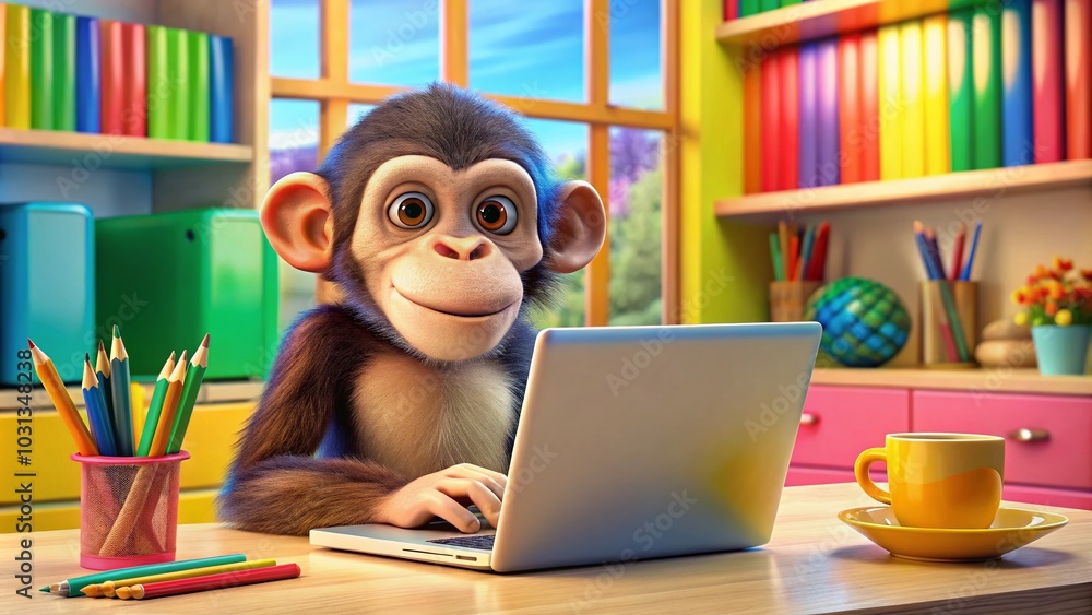 Cute Little Monkey Working on Laptop - Cartoon Illustration for Kids ...