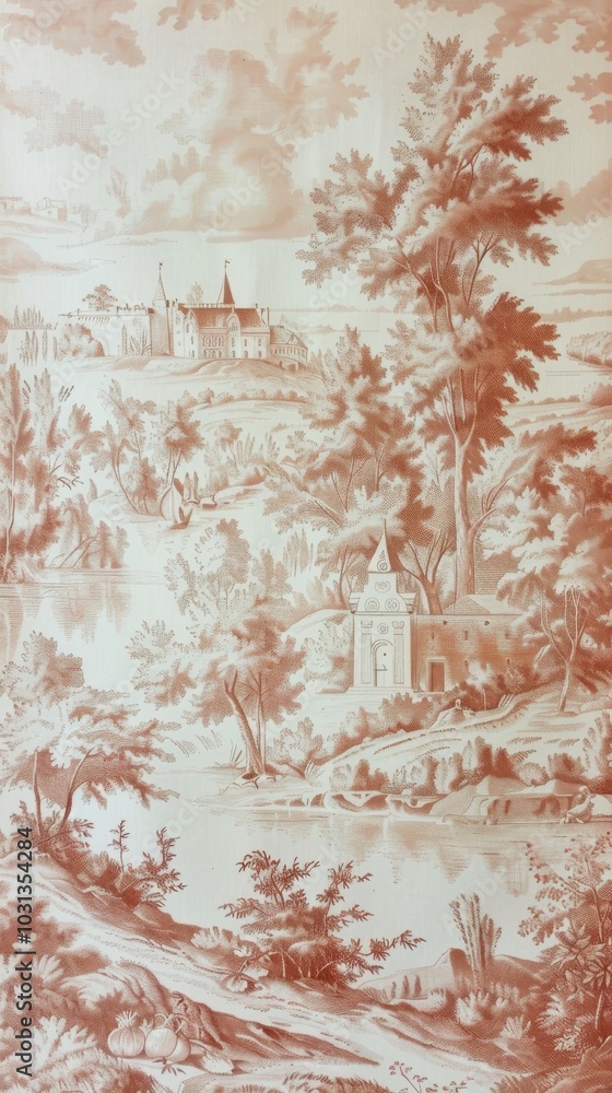 Vintage toile wallpaper featuring a soft peach landscape with trees and ...