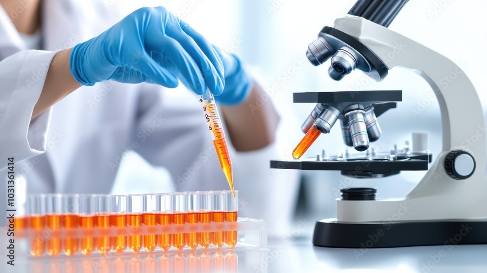 A scientist in a lab conducts experiments using test tubes and a ...