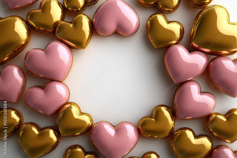 Pink and gold hearts aligned around the edge, framing a white space in ...