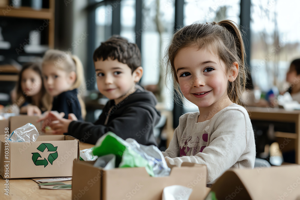 A front view of children learning about recycling in a classroom, with ...