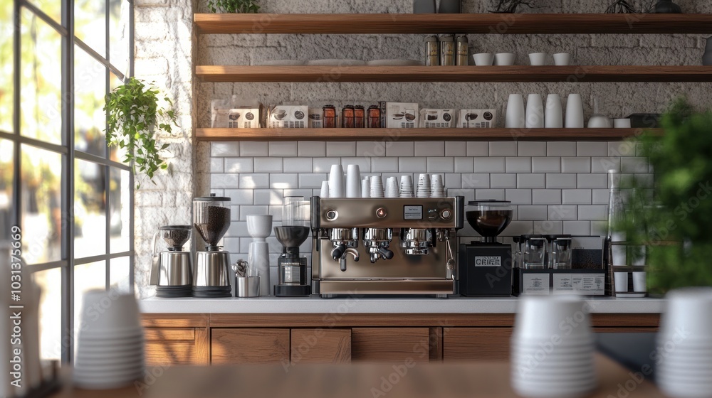 A modern coffee shop counter with a professional espresso machine ...