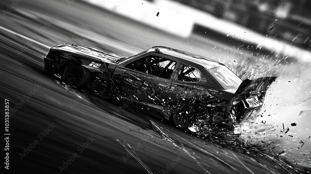 high contrast image of racing car losing control, showcasing dramatic ...