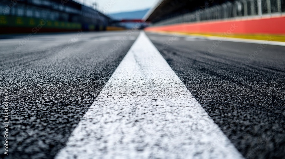 close up shot of empty Formula 1 track, highlighting white lane ...