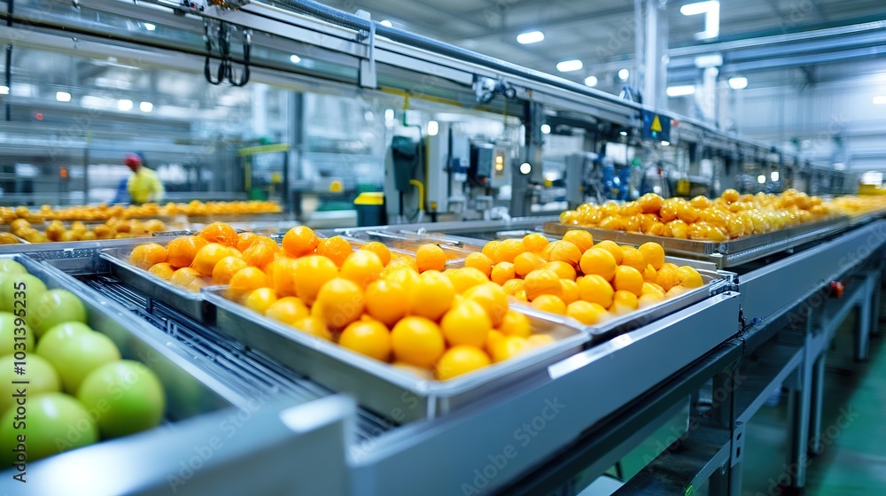A modern production line in a food processing factory, with automated ...